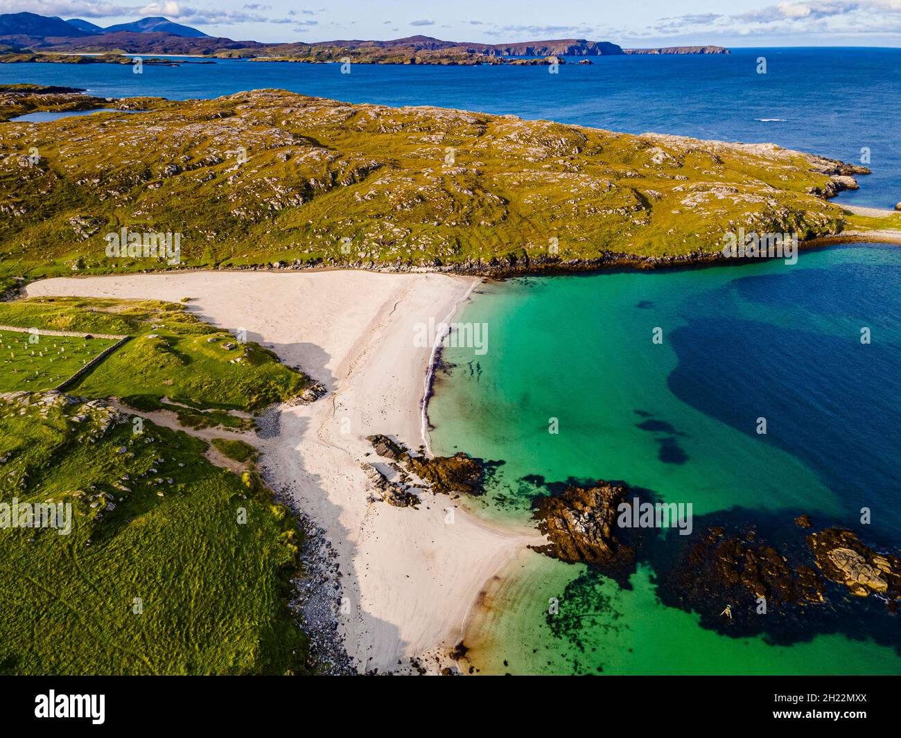 Aerial of white sand and turquoise water at Bosta Beach, Isle of Lewis ...