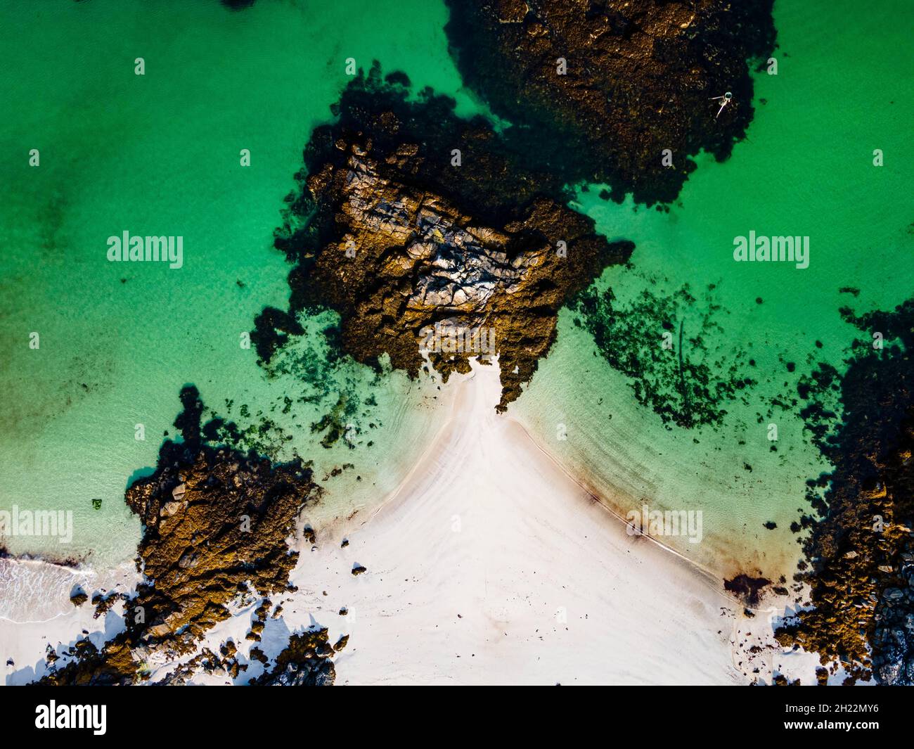 Aerial of white sand and turquoise water at Bosta Beach, Isle of Lewis ...