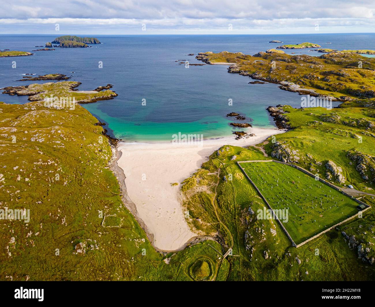 Aerial of white sand and turquoise water at Bosta Beach, Isle of Lewis ...