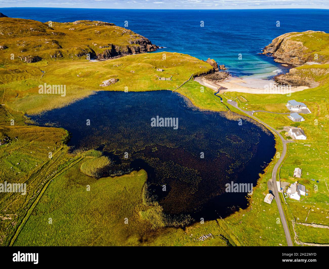 Aerial of Lake Dhailbeag and the Dailbeag beach, Isle of Lewis, Outer ...