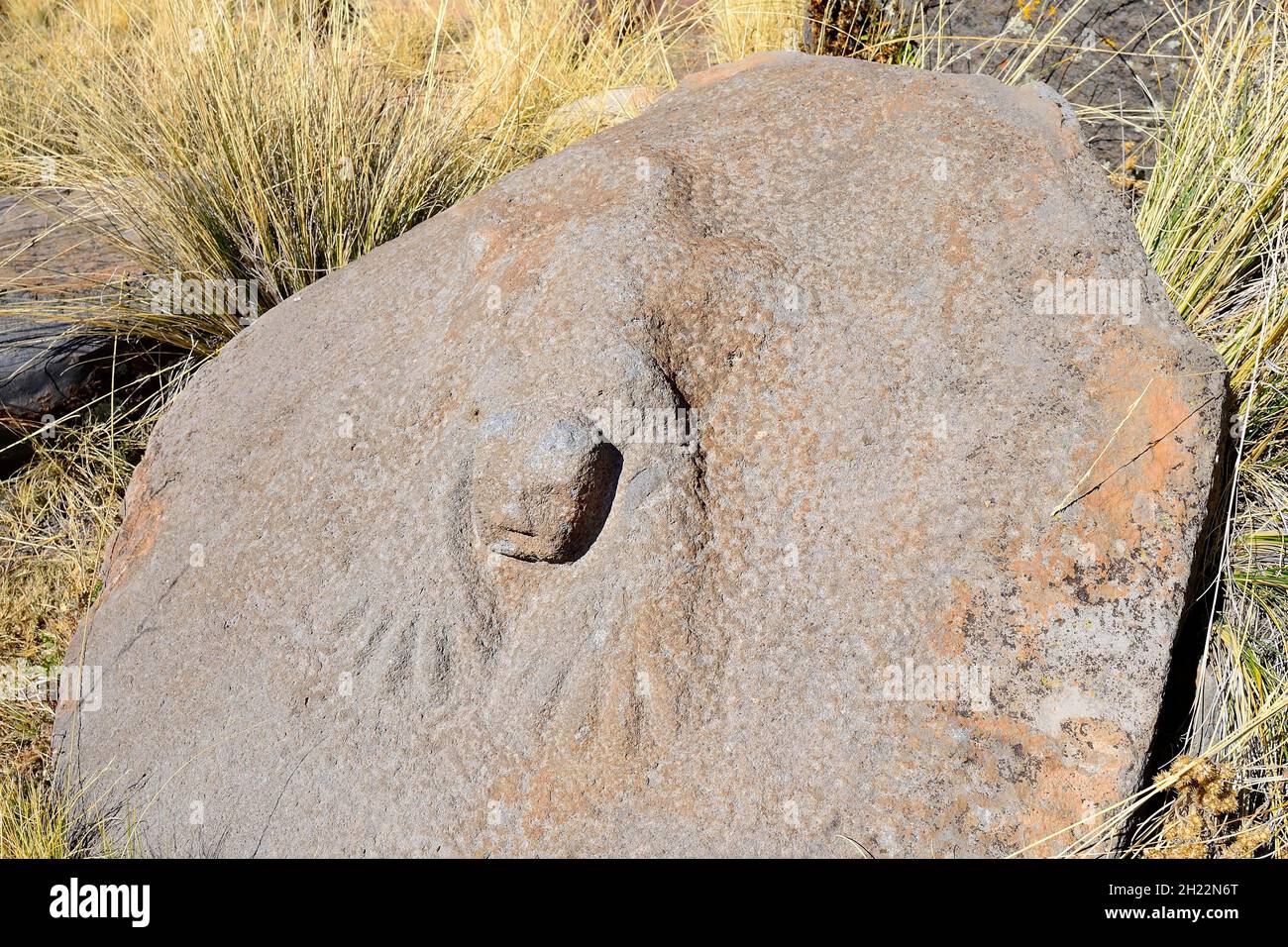 Stone tombs, Chullpas of Cutimbo, detail relief praying man, Lake ...