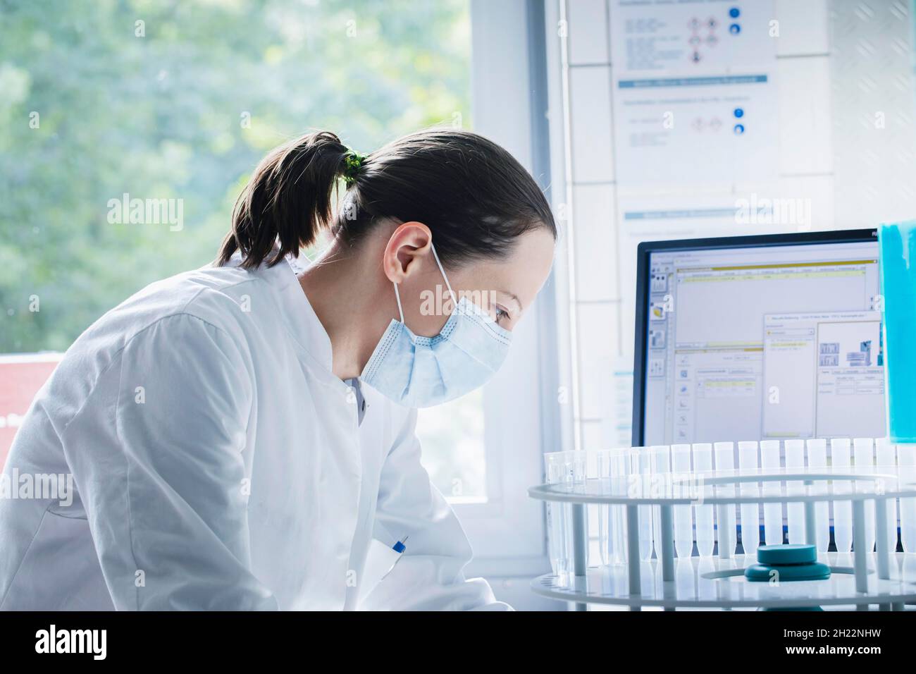 Young chemist with sample and laboratory glasses working in a ...