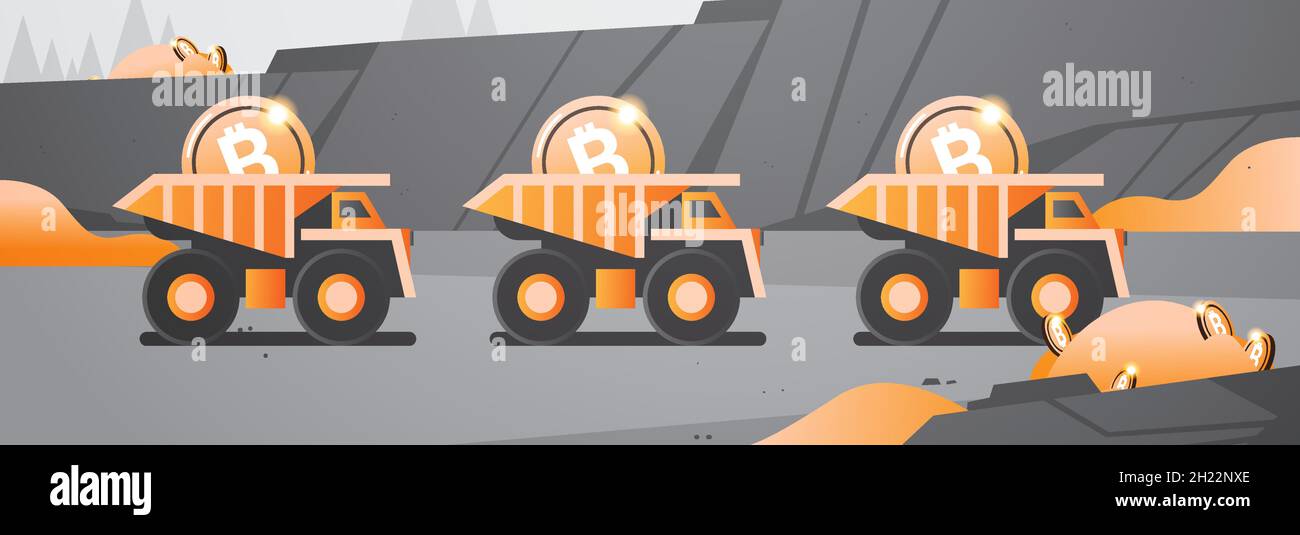 heavy trucks mining transport with bitcoins golden coin digital money ...