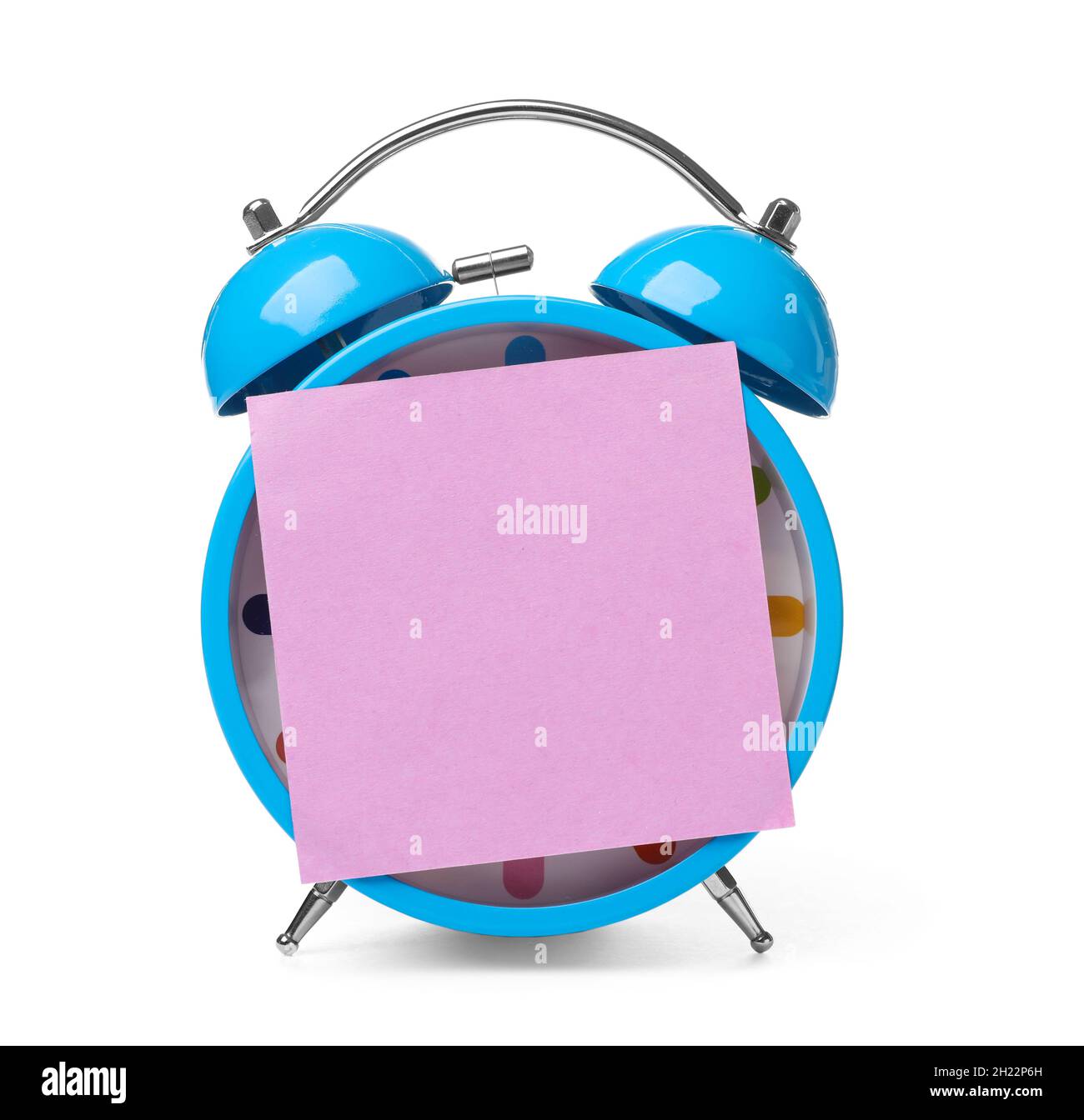 Alarm clock with empty sticky note on white background. Time concept ...