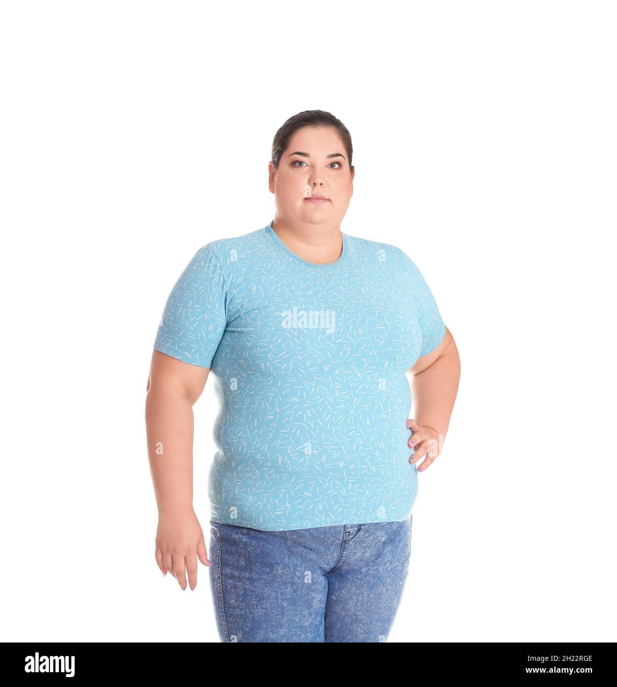 Overweight woman before weight loss on white background Stock Photo - Alamy