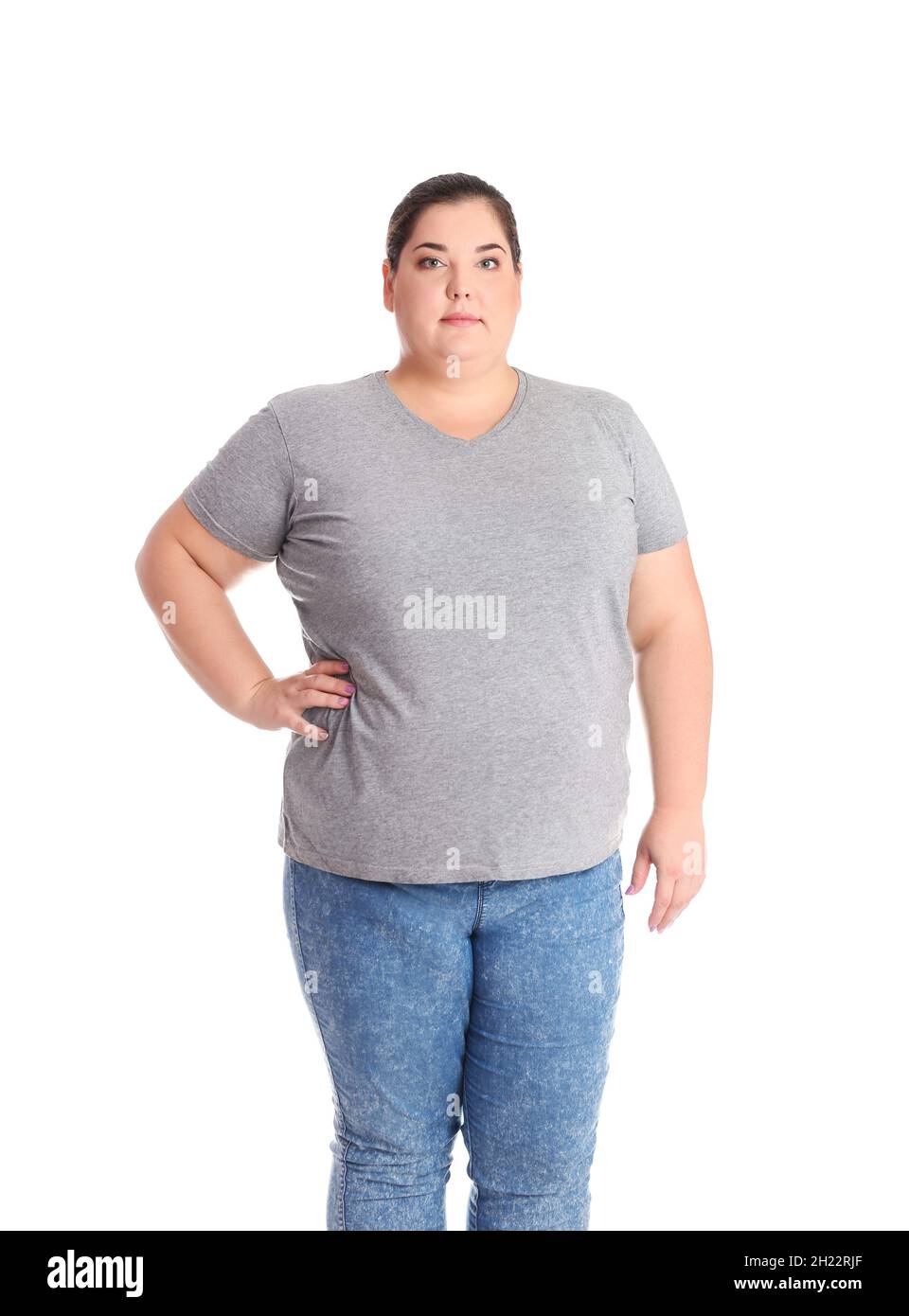 Overweight woman before weight loss on white background Stock Photo - Alamy