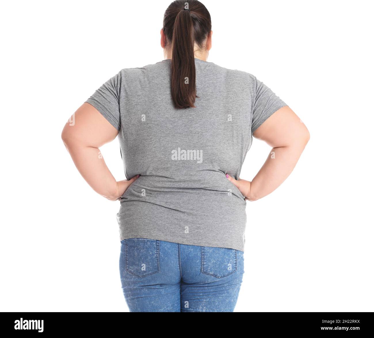 Overweight woman before weight loss on white background Stock Photo - Alamy