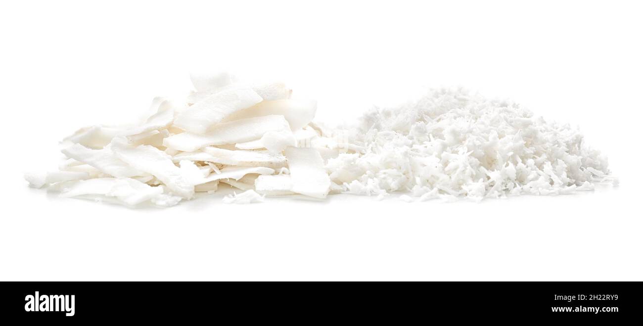 Fresh coconut flakes on white background Stock Photo - Alamy
