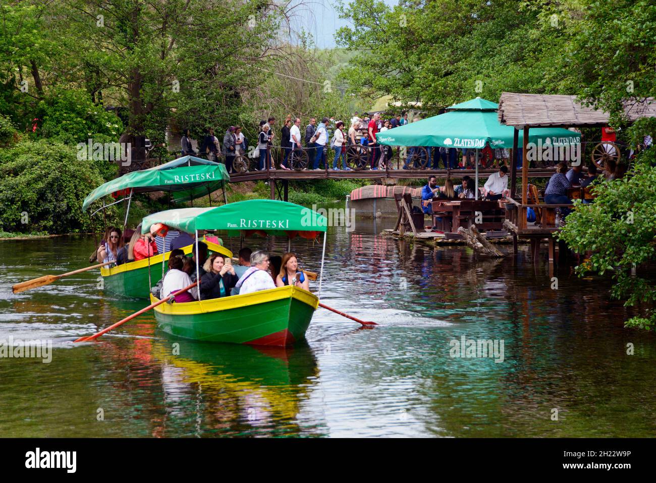 Boats and restaurants in the headwaters of Lake Ohrid, Sveti Naum ...