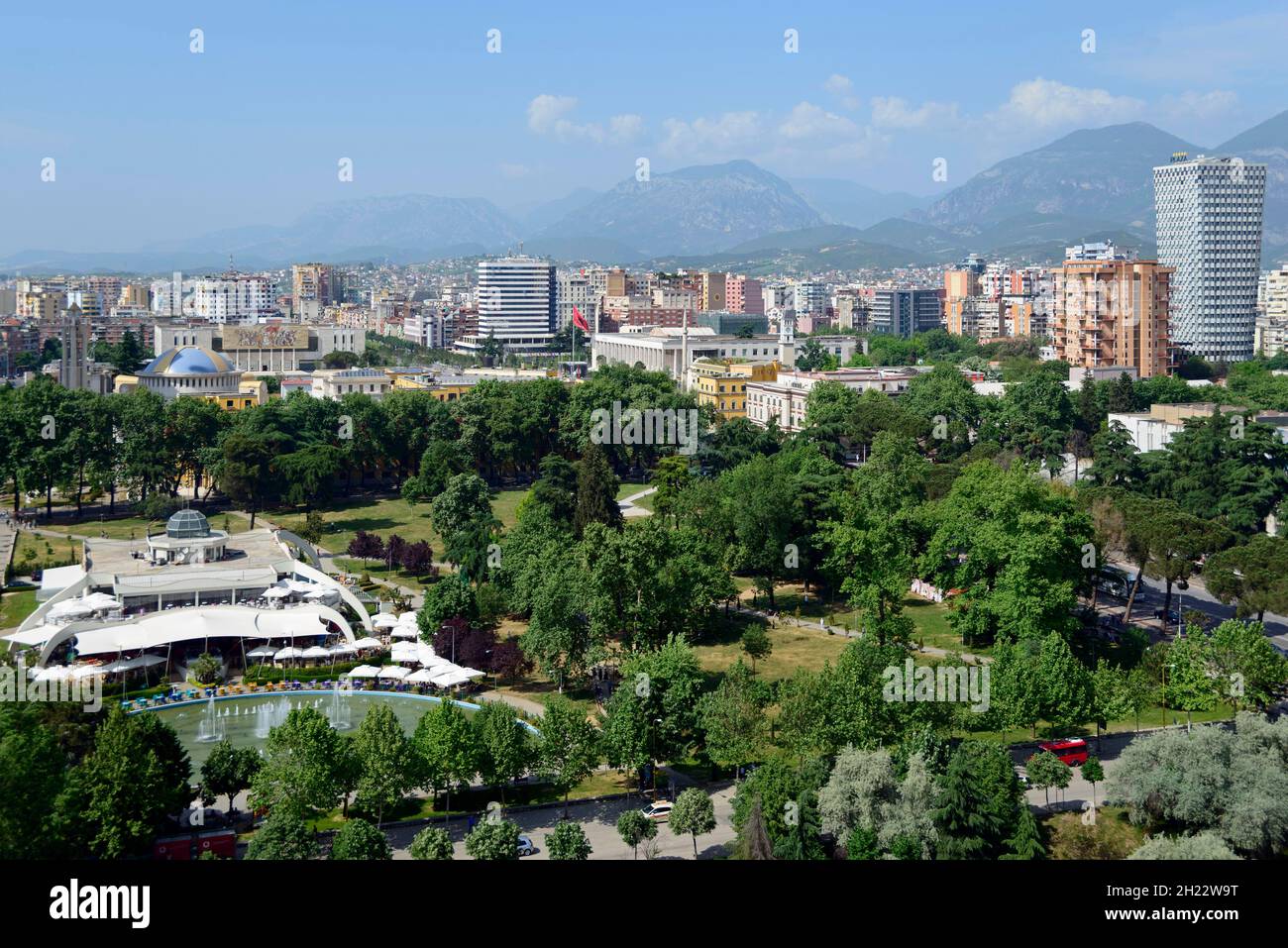 City centre with Rinia Park, Skanderbeg Square and TID Tower, view from ...