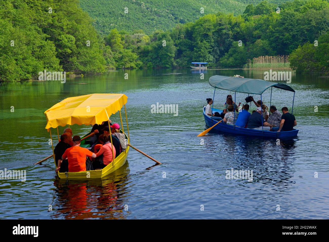 Boats on the headwaters of Lake Ohrid, Sveti Naum, Ohrid, UNESCO World ...