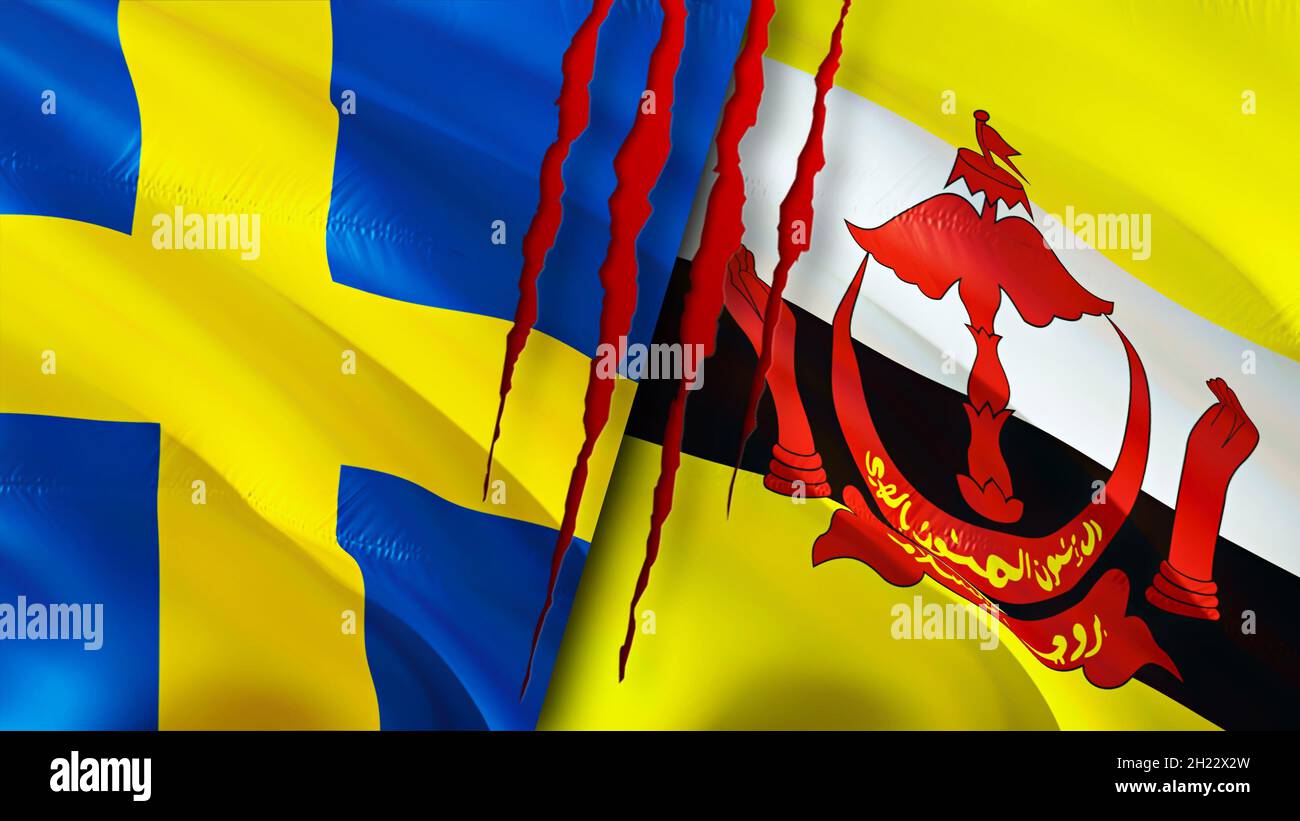 Sweden and Brunei flags with scar concept. Waving flag,3D rendering ...