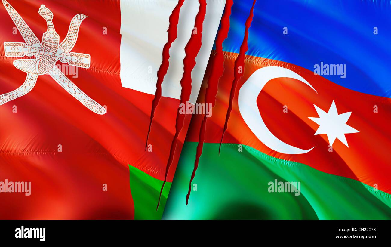 Oman and Azerbaijan flags with scar concept. Waving flag,3D rendering ...