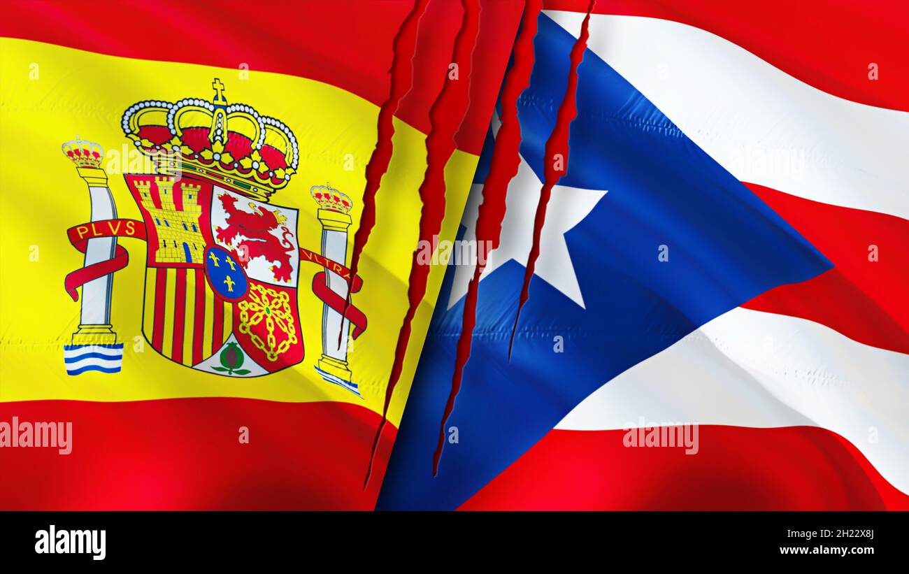 Spain and Puerto Rico flags with scar concept. Waving flag,3D rendering ...