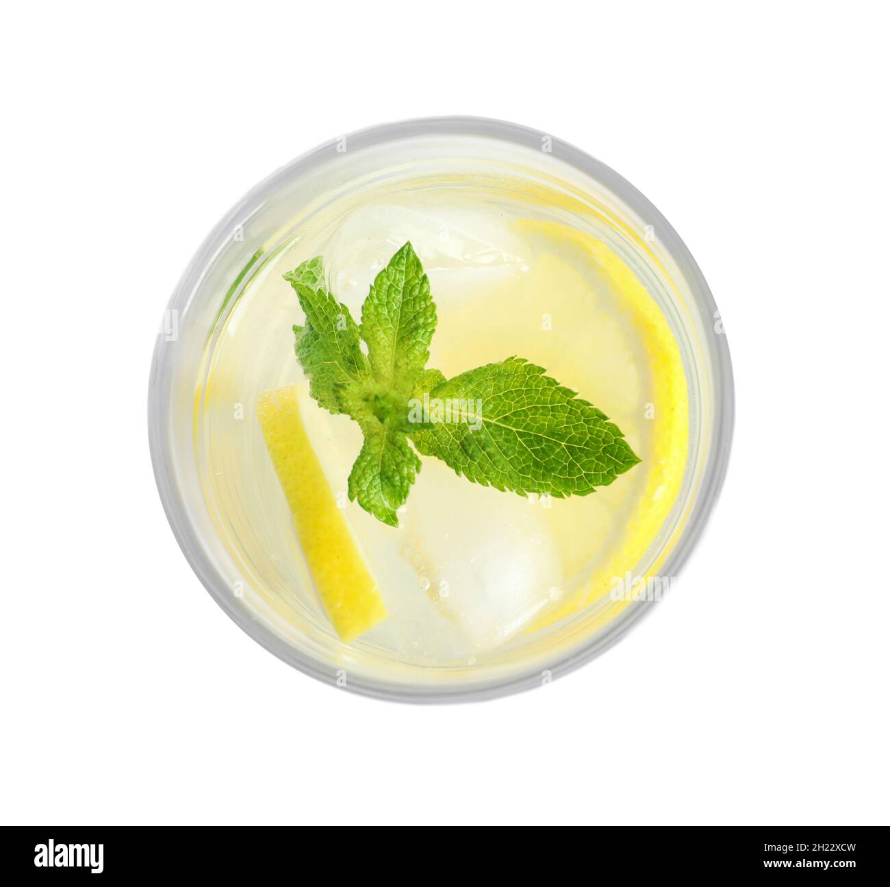 Glass with natural lemonade on white background, top view Stock Photo ...