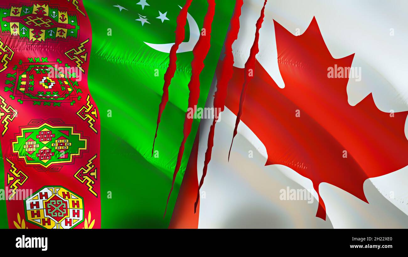 Turkmenistan and Canada flags with scar concept. Waving flag 3D ...