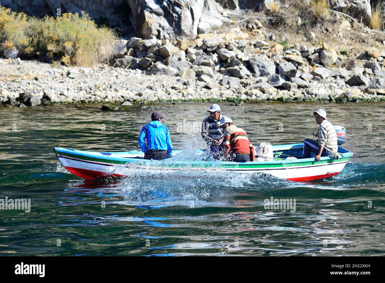 Fishing boat on the shore, Isla del Sol, Lake Titicaca, Department of ...