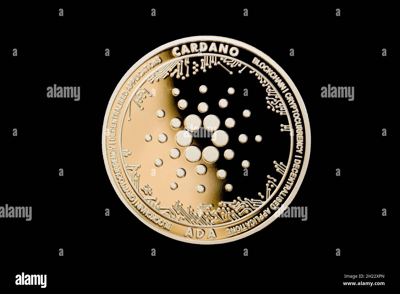 Front of the cryptocurrency Cardano, studio photography with black ...