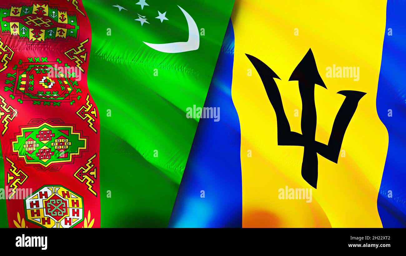 Turkmenistan and Barbados flags. 3D Waving flag design. Turkmenistan ...