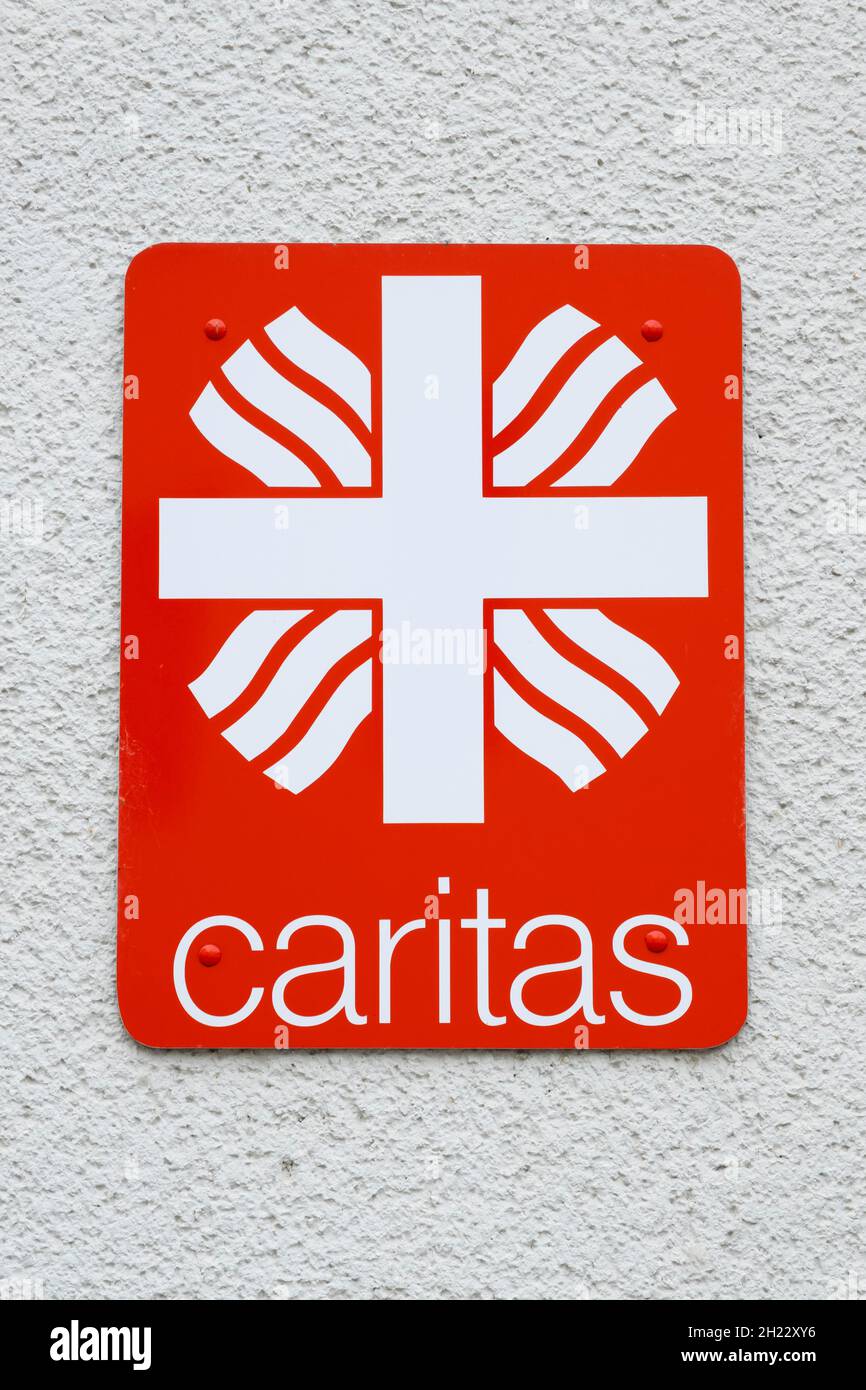 Sign and logo Caritas, welfare association, North Rhine-Westphalia ...