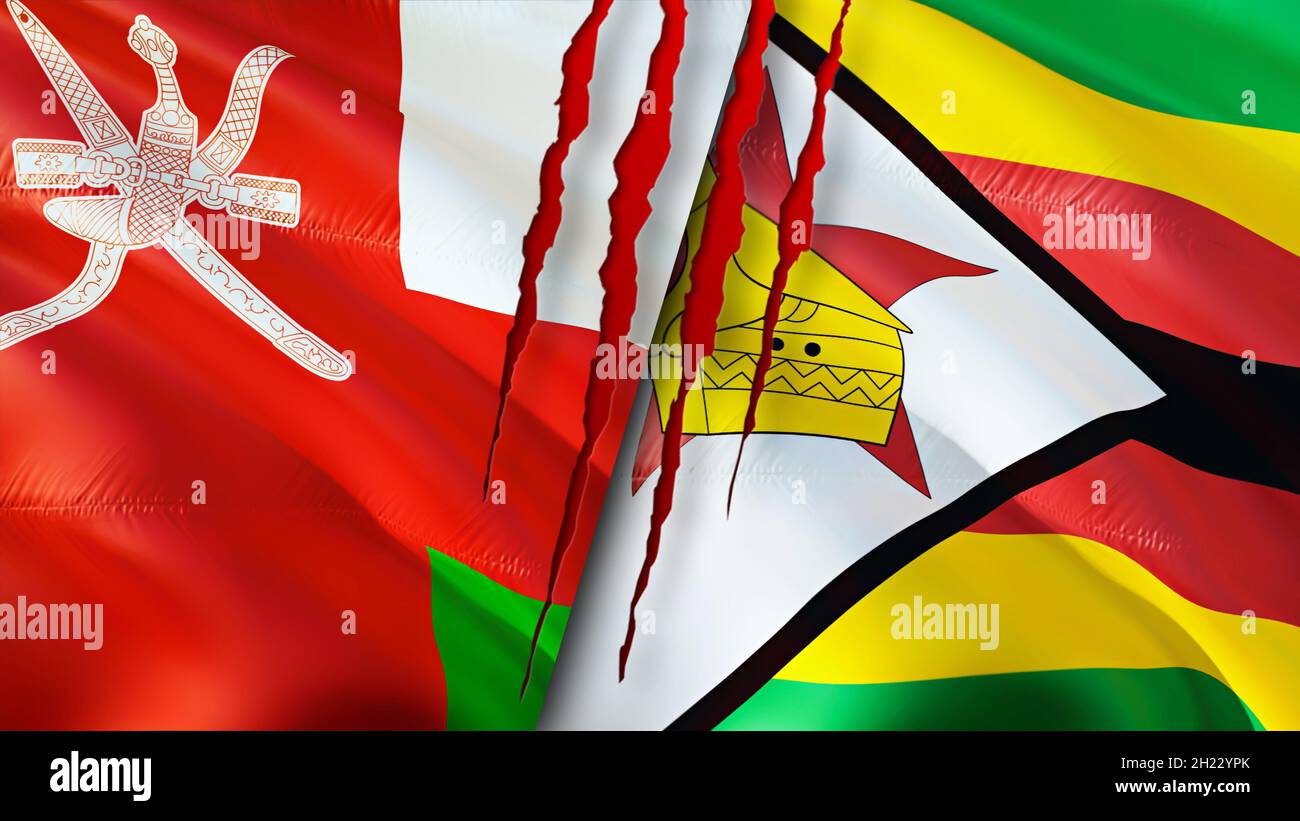 Oman and Zimbabwe flags with scar concept. Waving flag,3D rendering ...