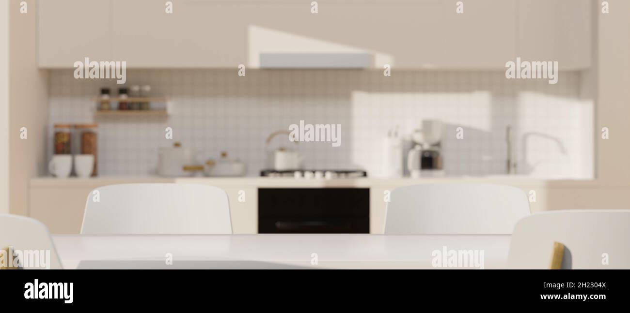 Close-up, Modern white dining table top for montage over blurred bright ...