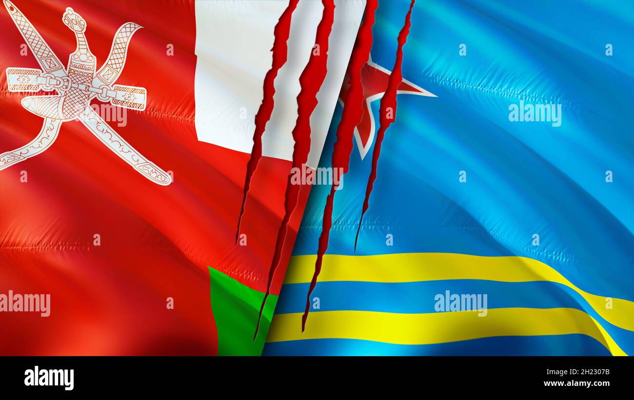 Oman and Aruba flags with scar concept. Waving flag,3D rendering. Aruba ...