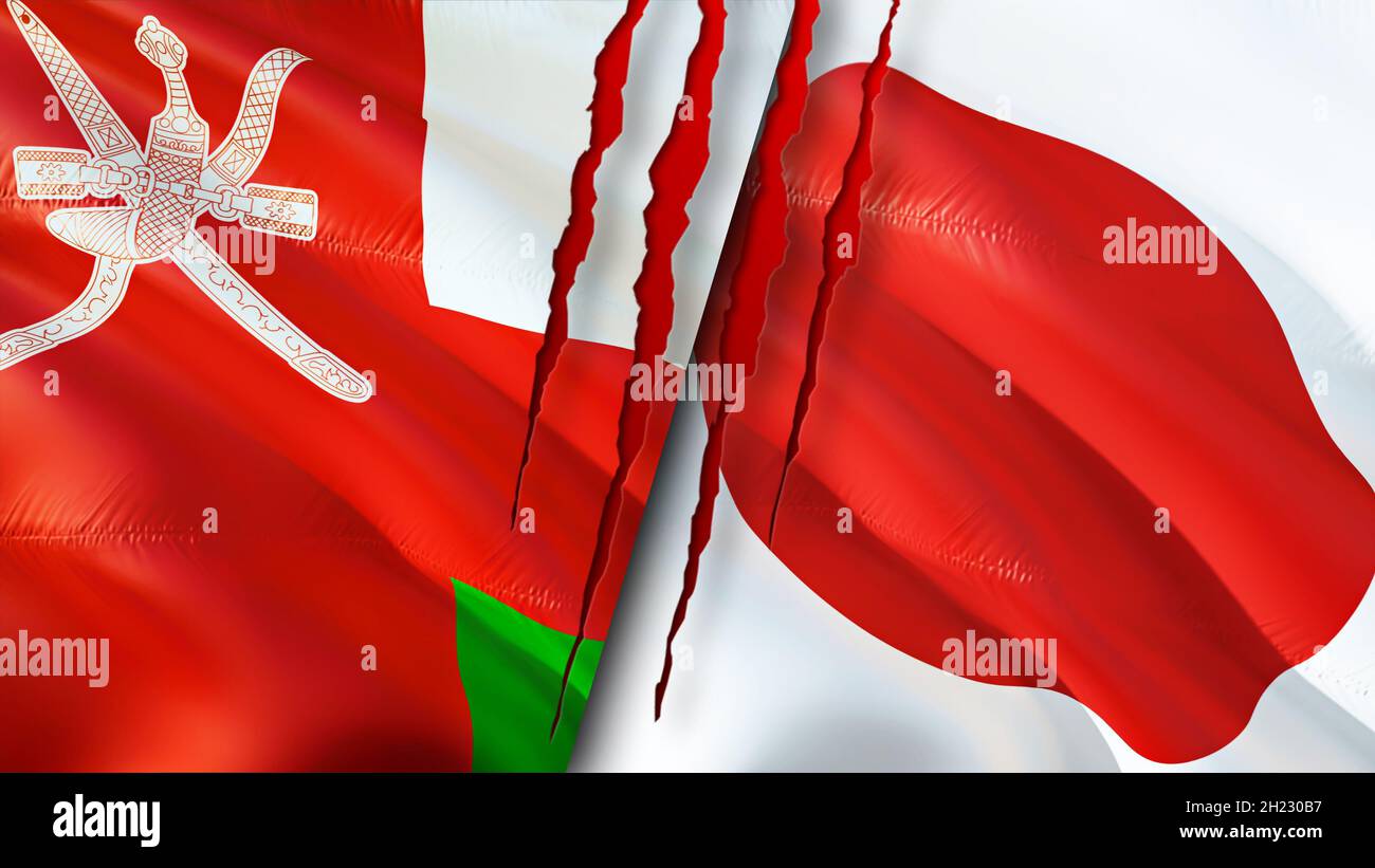 Oman and Japan flags with scar concept. Waving flag,3D rendering. Japan ...