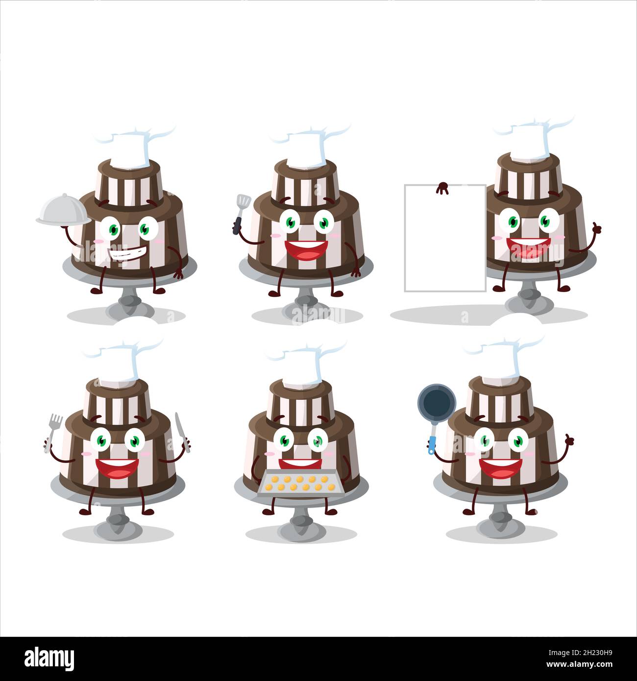 Cartoon character of chocolate cake sweet with various chef emoticons ...