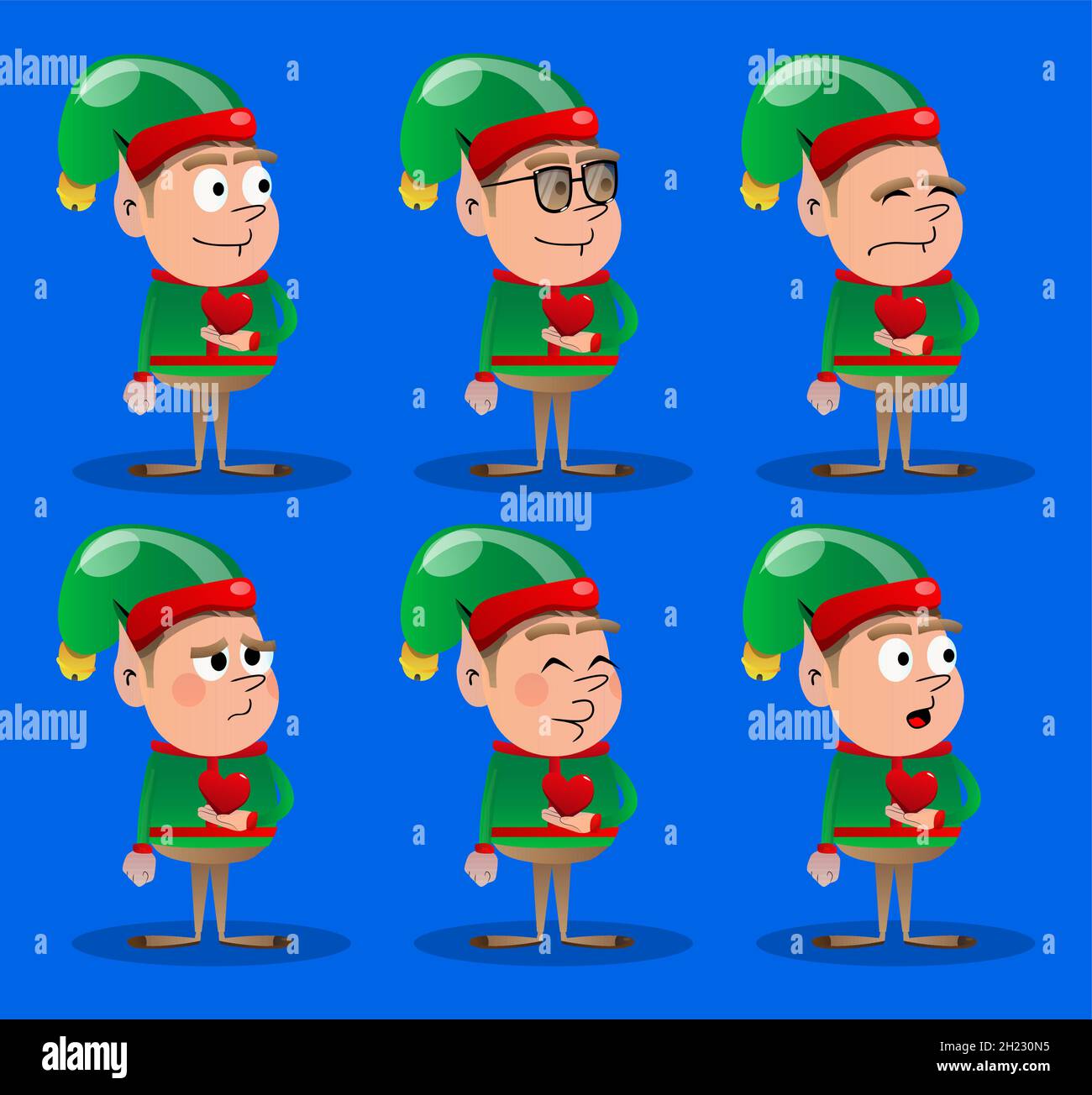 Christmas Elf holding red heart in his hand. Vector cartoon character ...