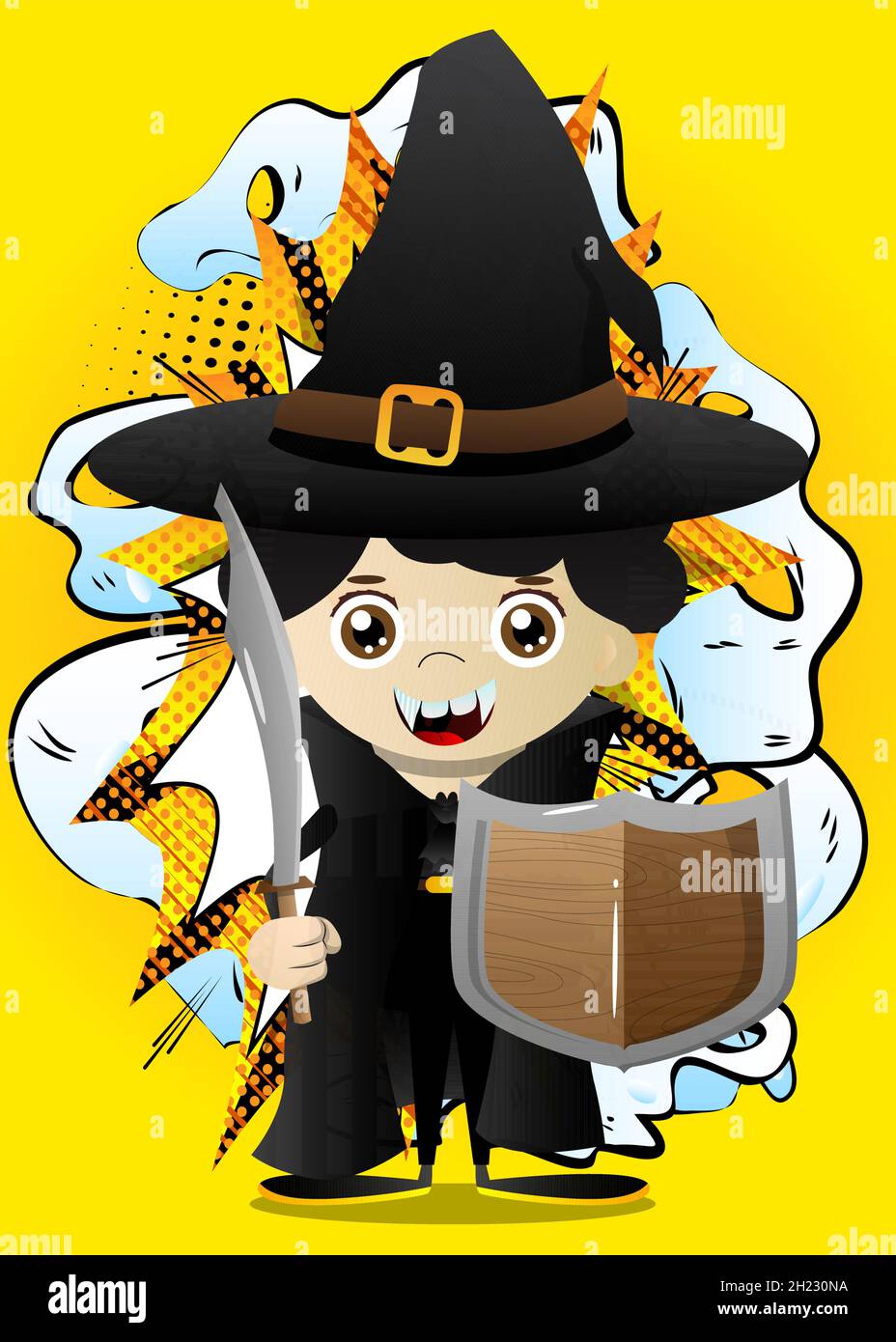 Kid dressed for Halloween holding a sword and shield. Vector cartoon ...