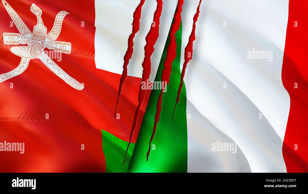 Oman and Italy flags with scar concept. Waving flag,3D rendering. Italy ...