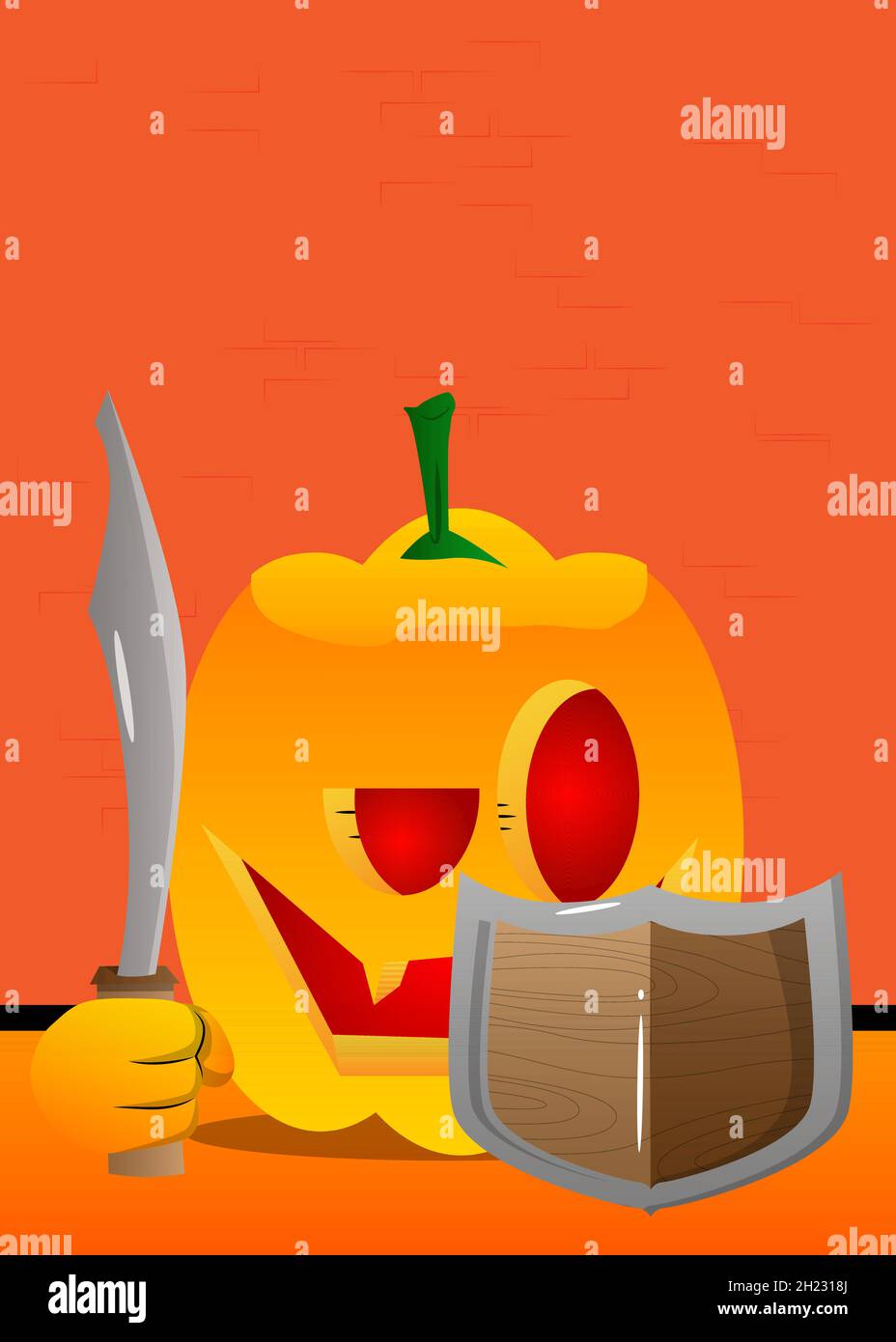 Decorative pumpkin for Halloween holding a sword and shield as a ...