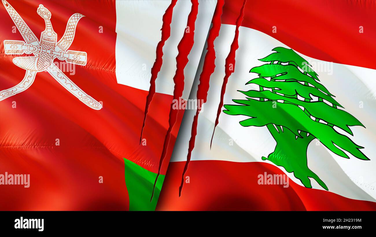 Oman and Lebanon flags with scar concept. Waving flag,3D rendering ...