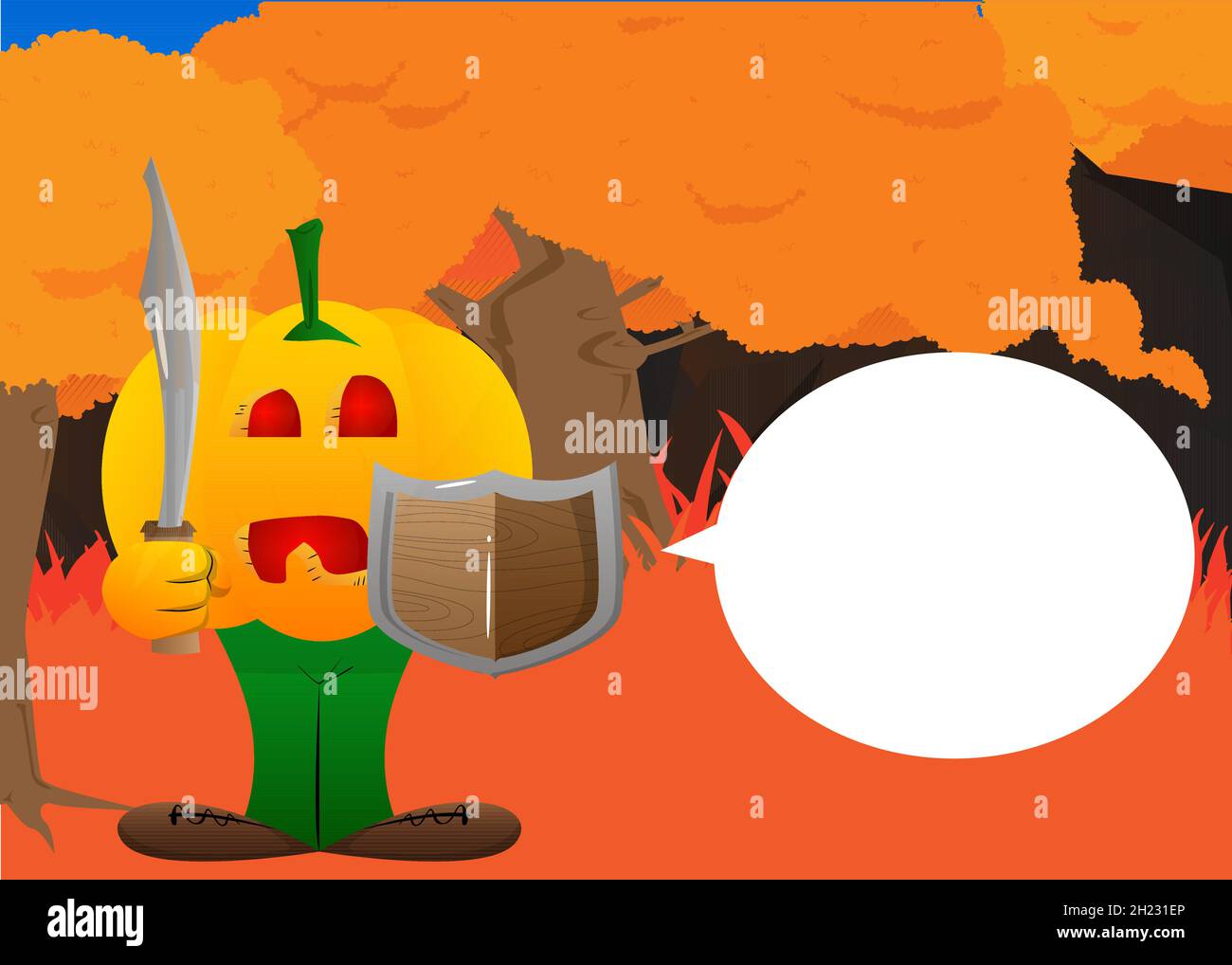 Decorative pumpkin for Halloween holding a sword and shield as a ...