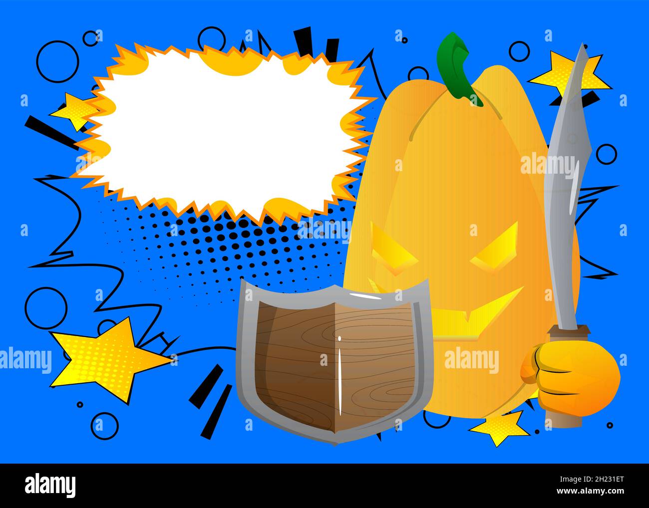 Decorative pumpkin for Halloween holding a sword and shield as a ...