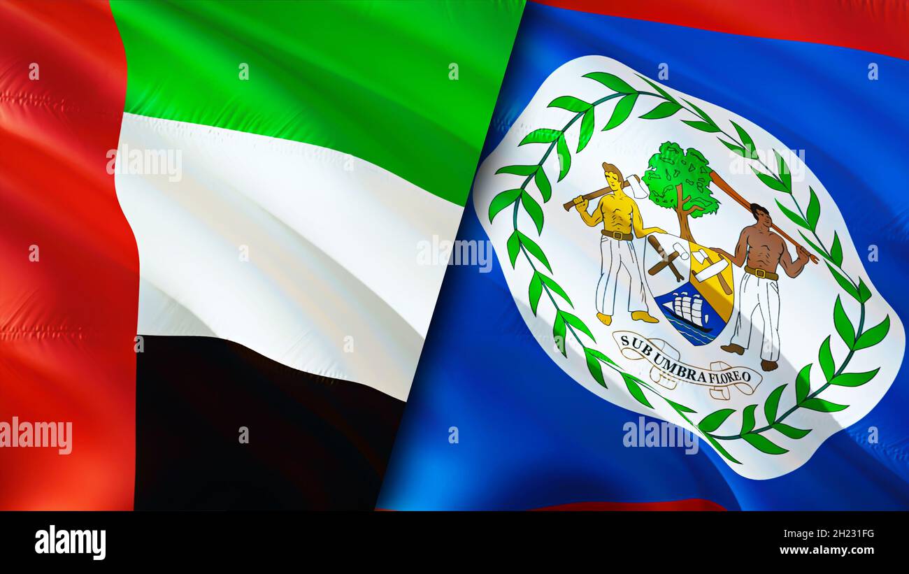 Emirates and Belize flags. 3D Waving flag design. Belize United Arab ...