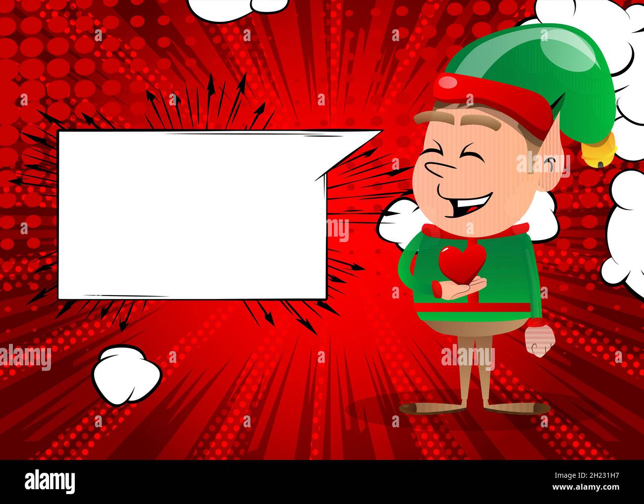 Christmas Elf holding red heart in his hand. Vector cartoon character ...