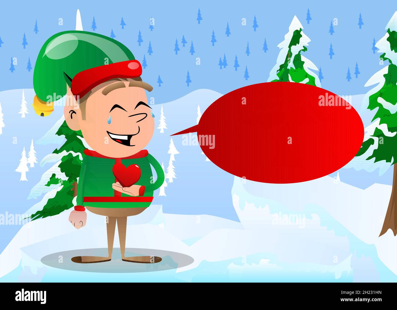 Christmas Elf holding red heart in his hand. Vector cartoon character ...