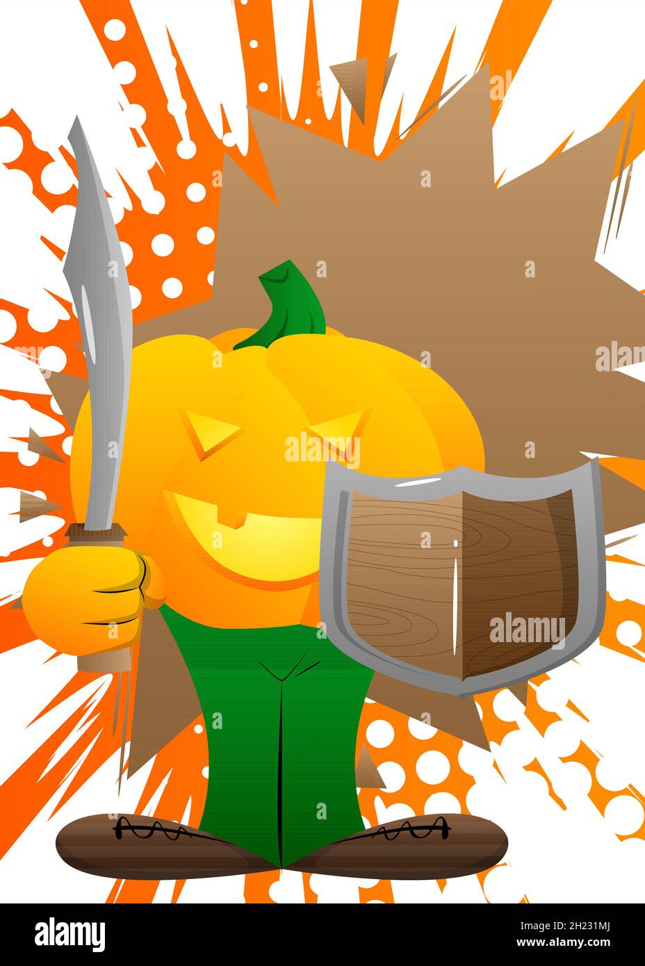 Decorative pumpkin for Halloween holding a sword and shield as a ...
