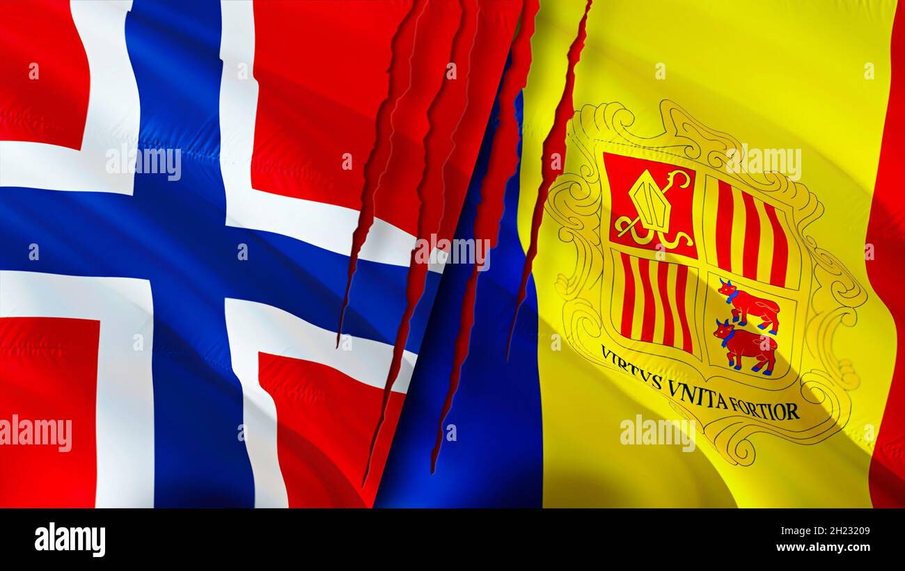 Norway and Andorra flags with scar concept. Waving flag,3D rendering ...