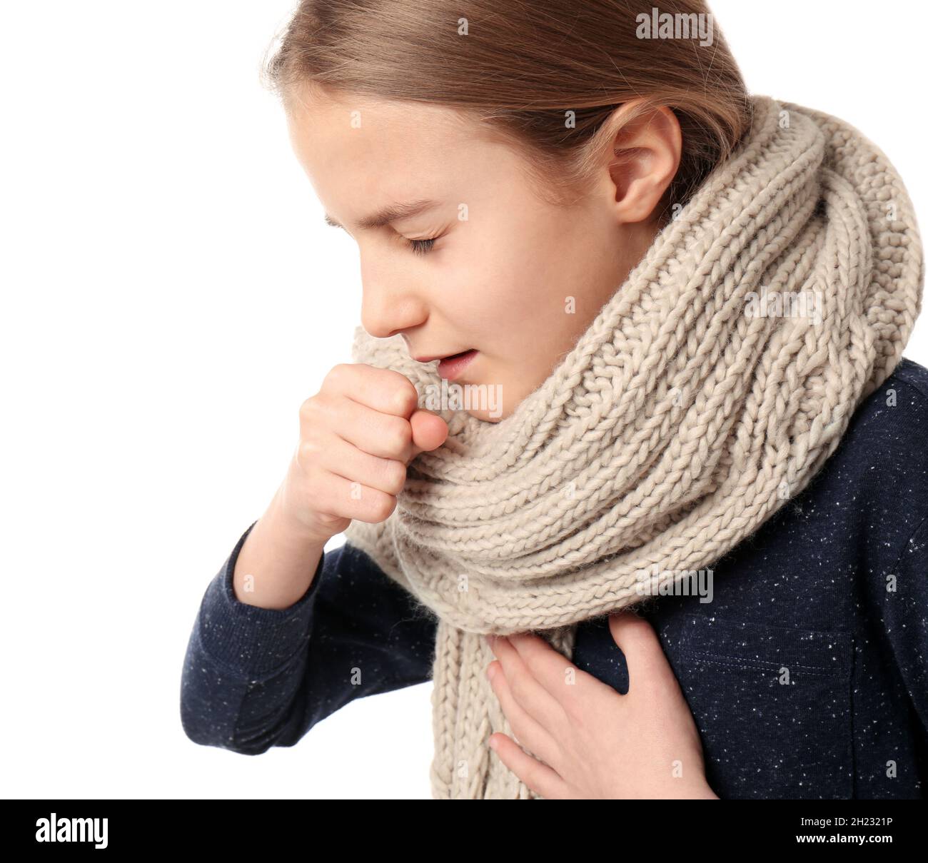 Girl coughing on white background Stock Photo - Alamy