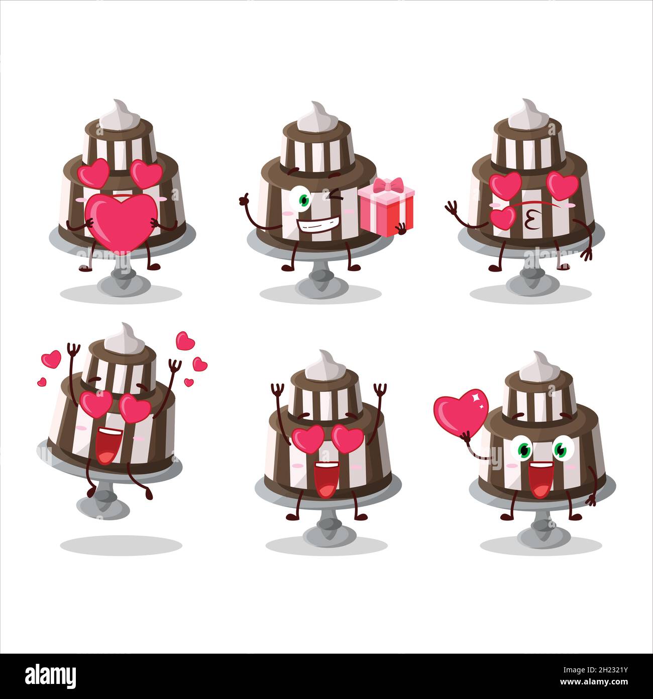 Chocolate cake sweet cartoon character with love cute emoticon. Vector ...