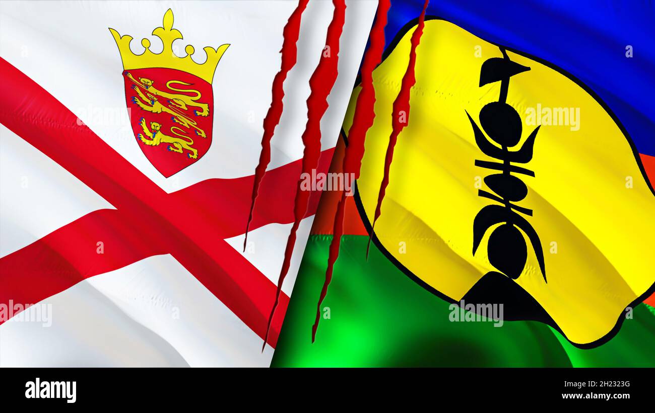 Jersey and New Caledonia flags with scar concept. Waving flag,3D ...