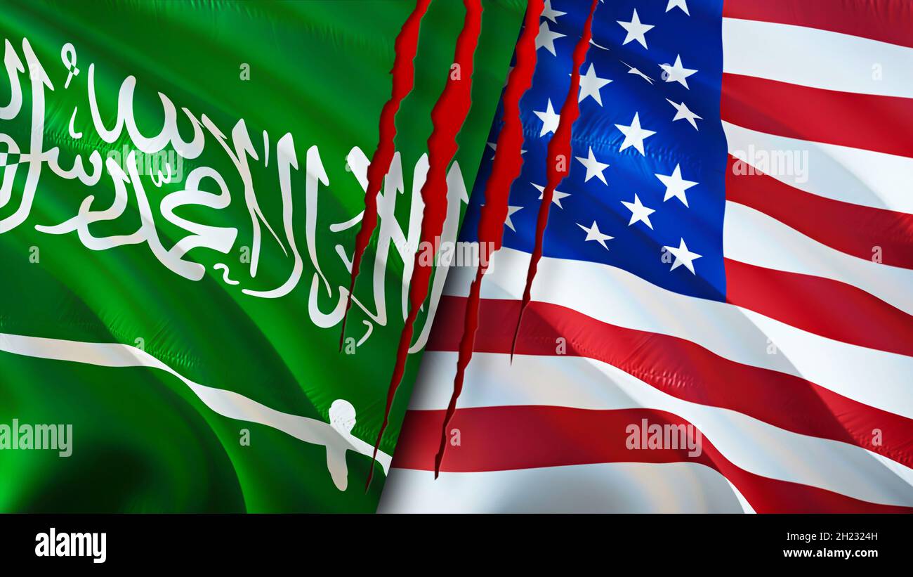 Saudi Arabia and USA flags with scar concept. Waving flag,3D rendering ...