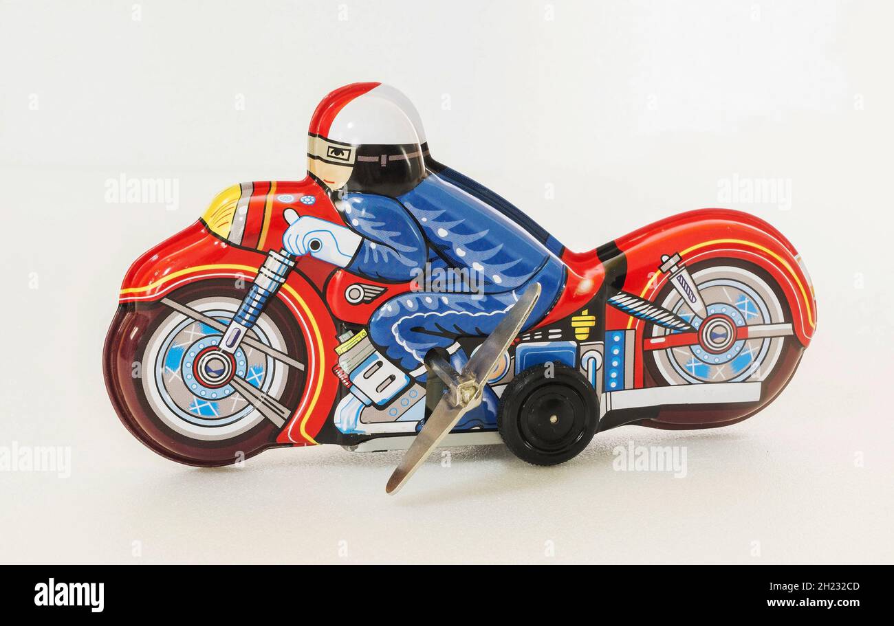 Vintage tin toy motorcycle , tin toy motorcycle, Isolated white Stock ...