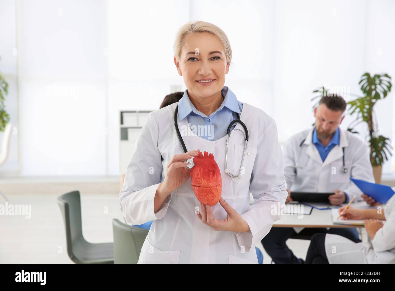 Female doctor holding heart model in clinic. Cardiology center Stock ...