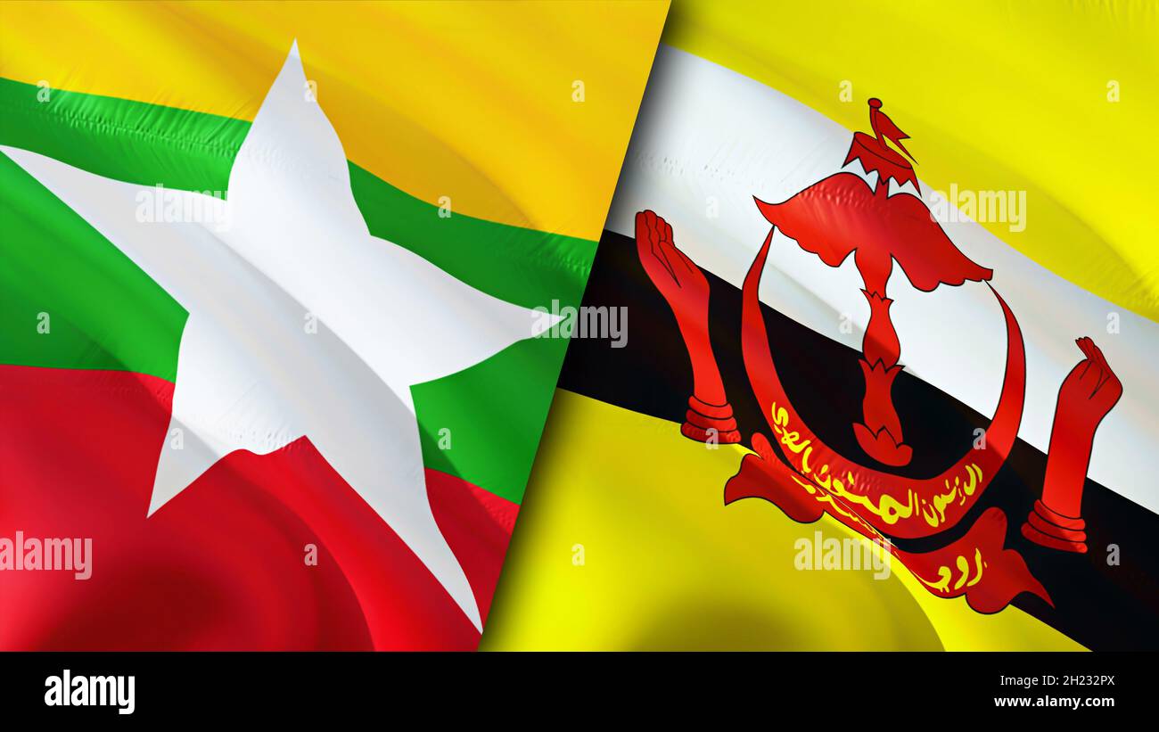 Myanmar and Brunei flags. 3D Waving flag design. Brunei Myanmar flag ...