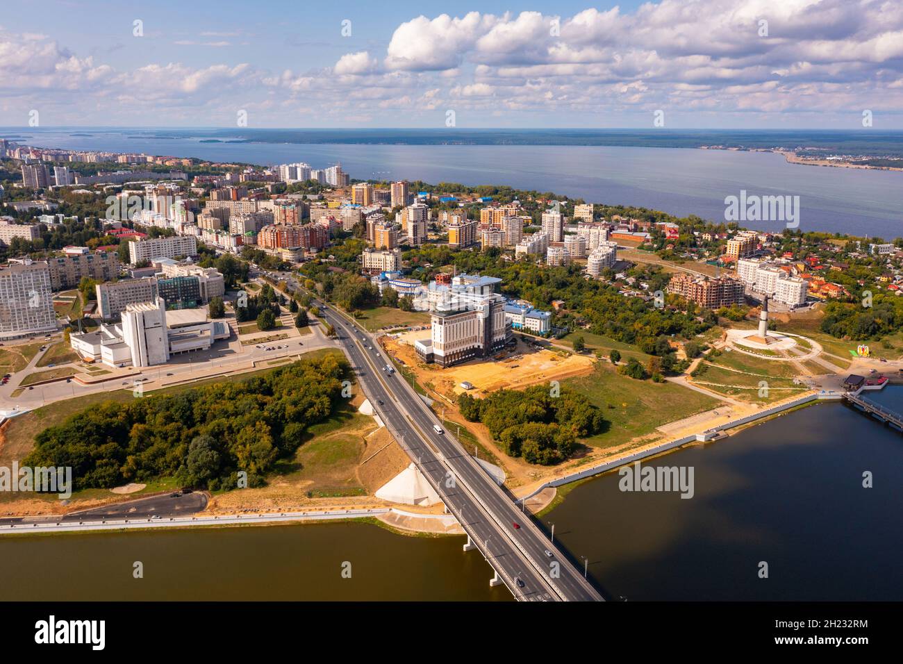 Aerial view of Cheboksary on Volga River in summer, Chuvashia, Russia ...