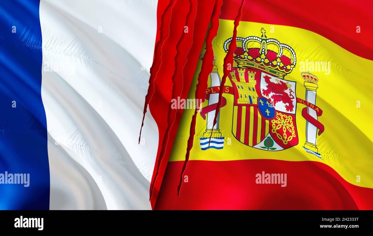 France and Spain flags with scar concept. Waving flag,3D rendering ...